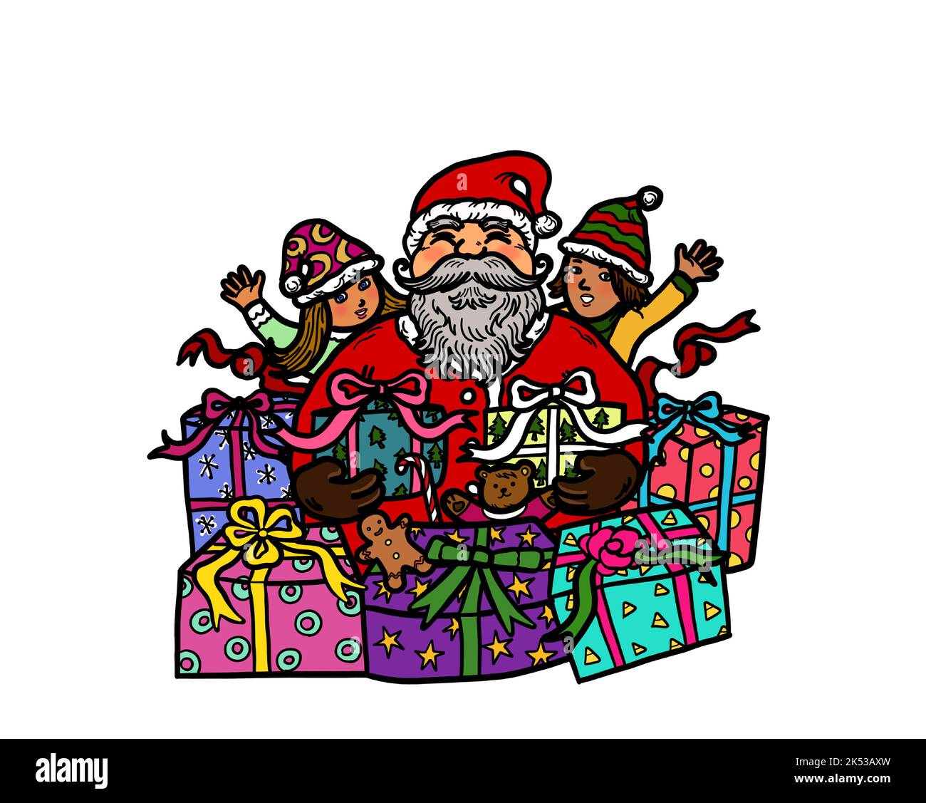 Santa Claus with children and gift presents to celebrate Christmas ...