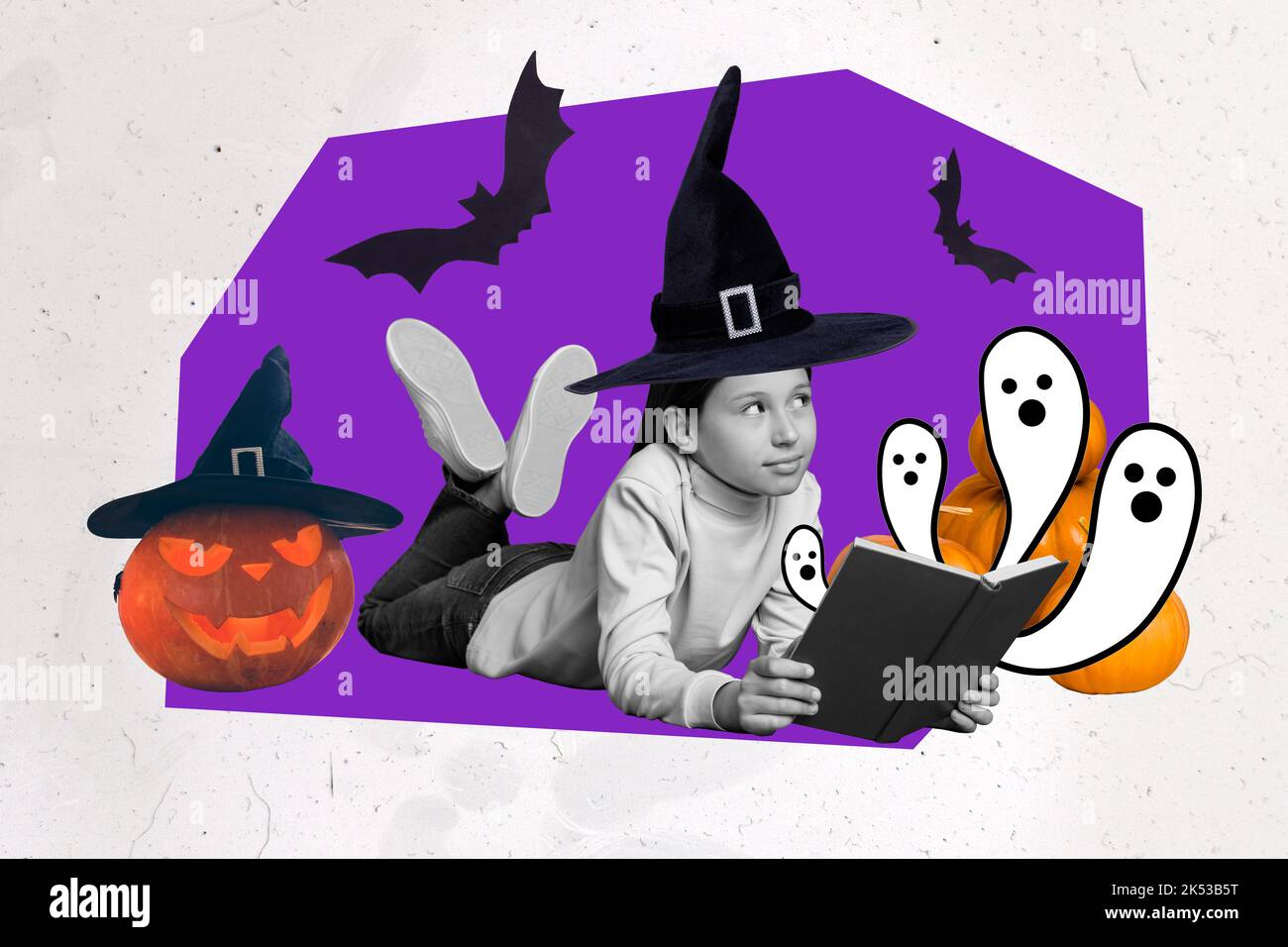 Composite collage image of little witch school girl child read spell ...