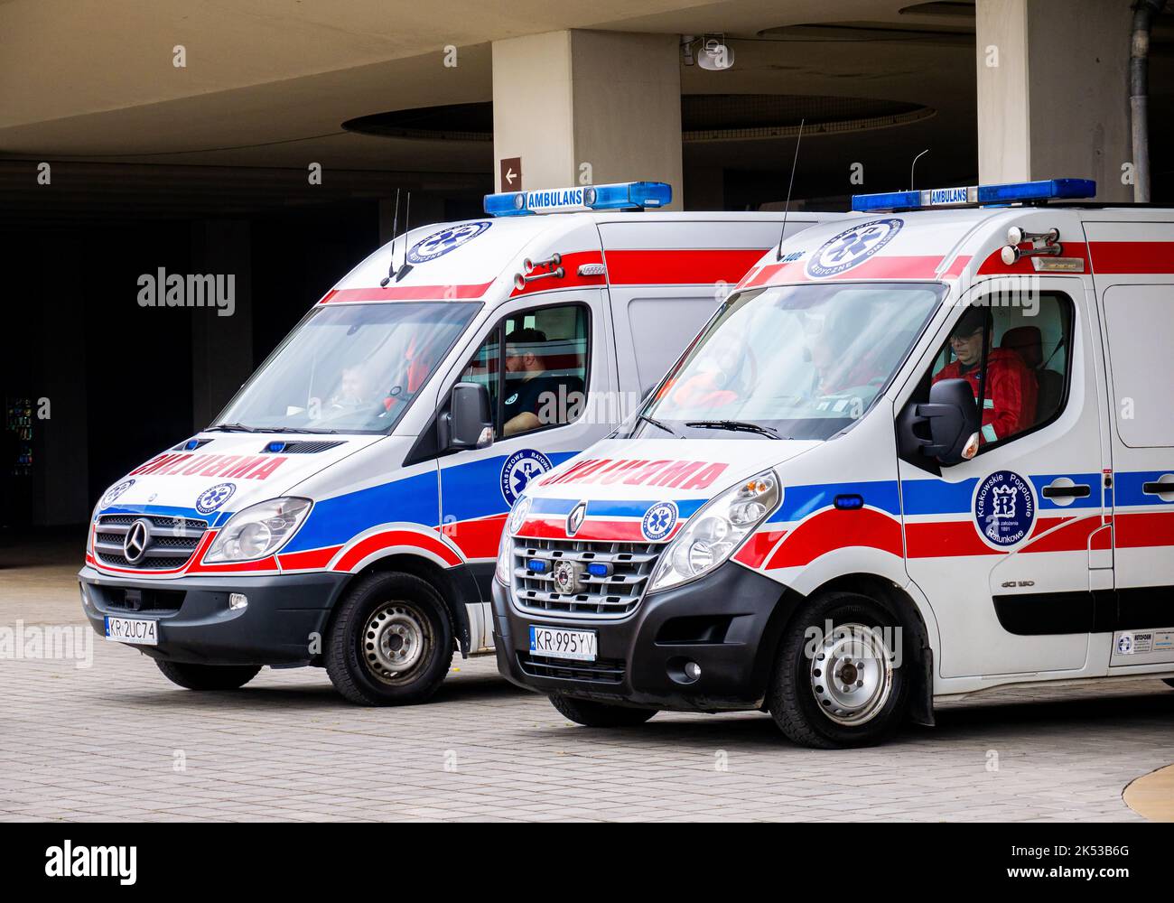 Krakow, Poland, Two Polish ambulances, emergency service vehicles ...