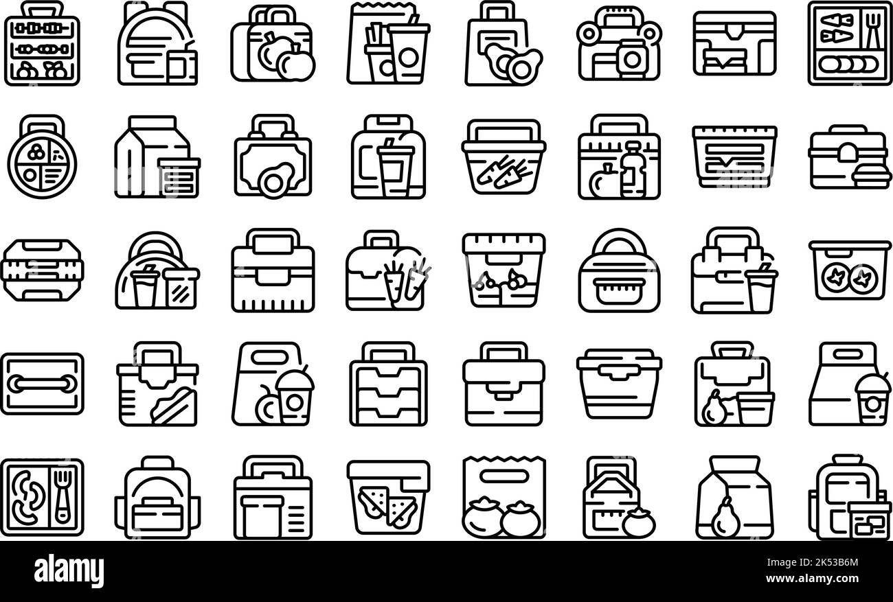 Kids lunch box icons set outline vector. Kid snack. Breakfast pack ...