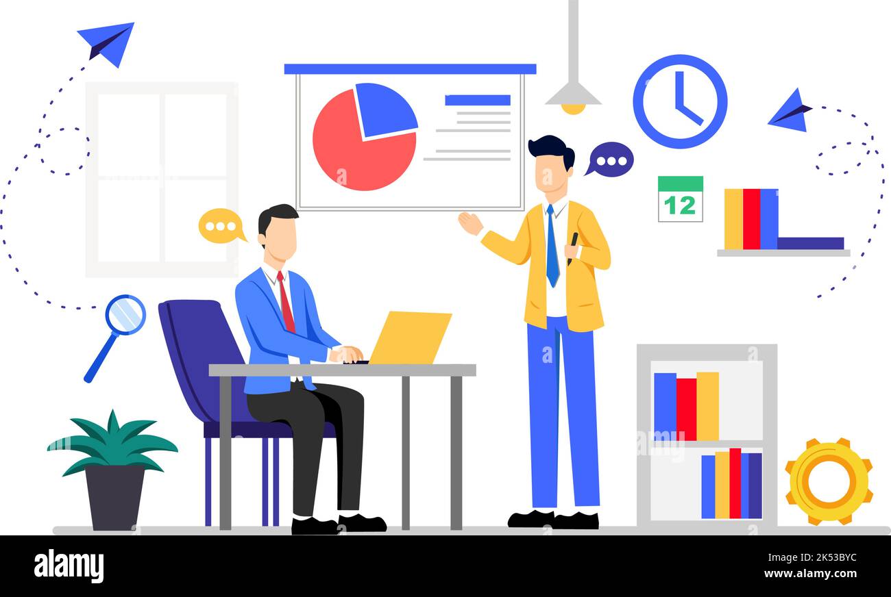 An illustration of project planning, cooperation, and workflow process concept with tiny people ...