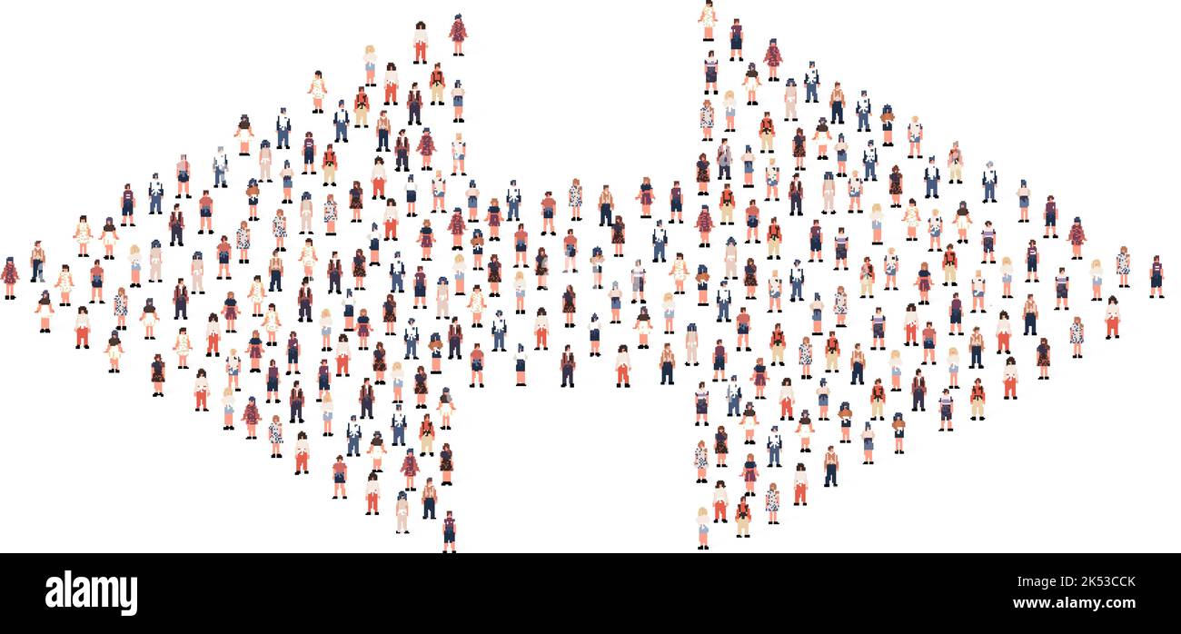 Large group of people different silhouette crowded together in arrow ...
