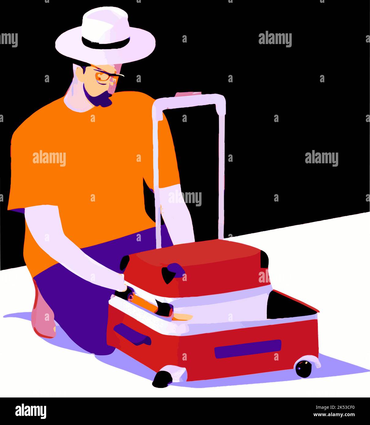 A drawing of a male character packing his suitcase with editable colors ...