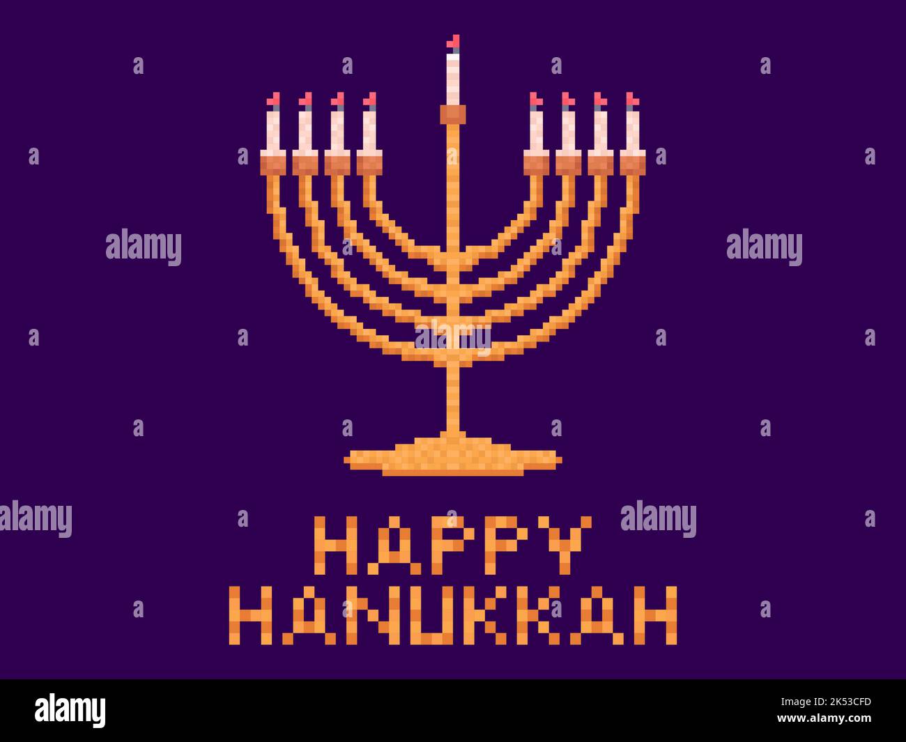 Happy Hanukkah. Menorah with nine candles in pixel art style. Golden ...
