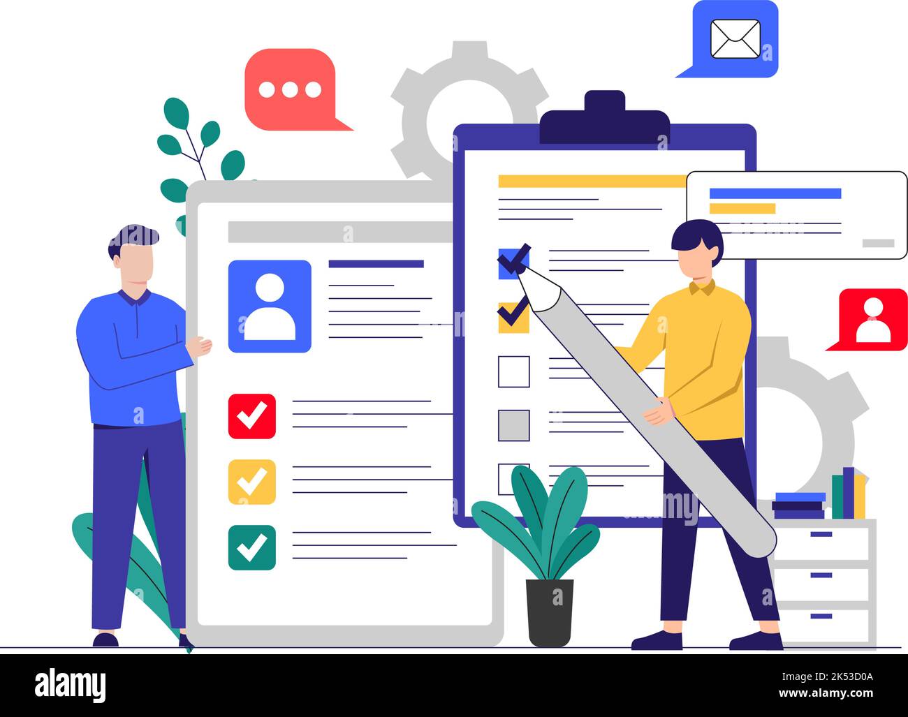 An illustration of project planning, cooperation, and workflow process concept with tiny people ...