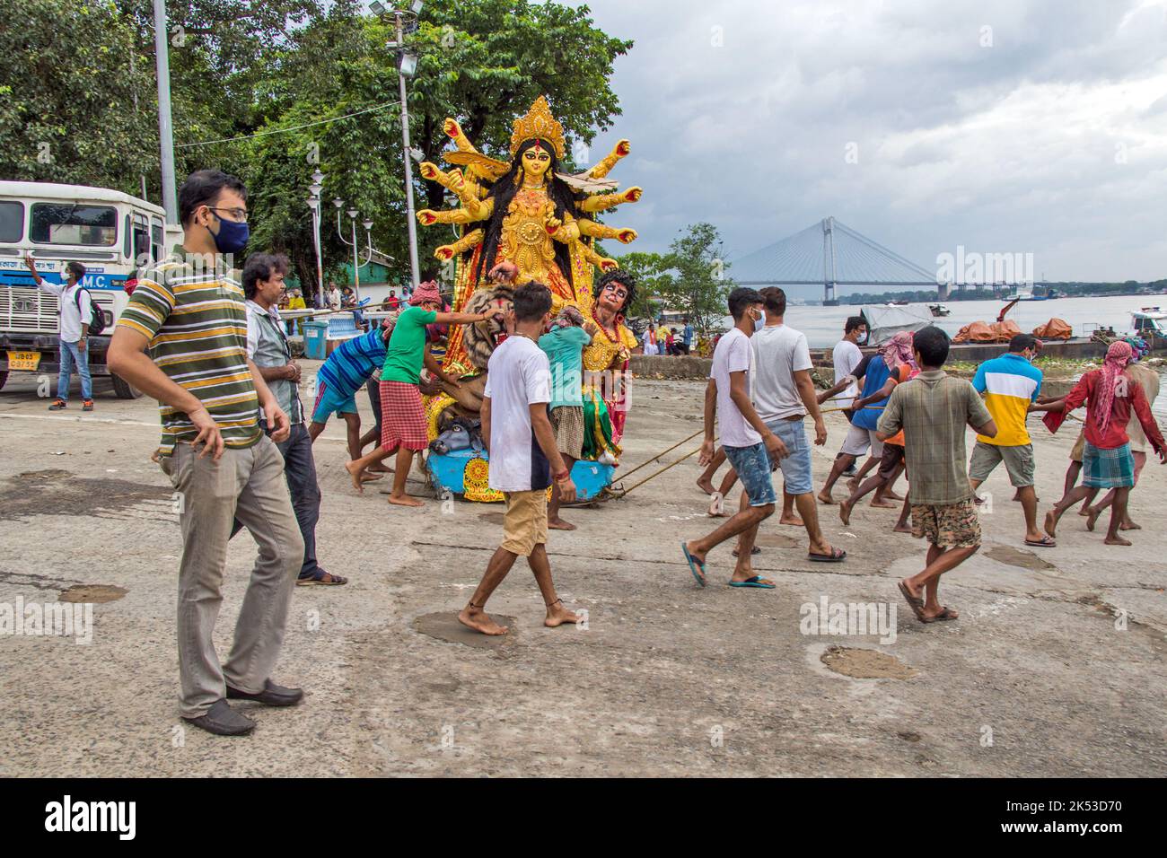image of durga idol immersions at ganga ghat kolkata west bengal india ...