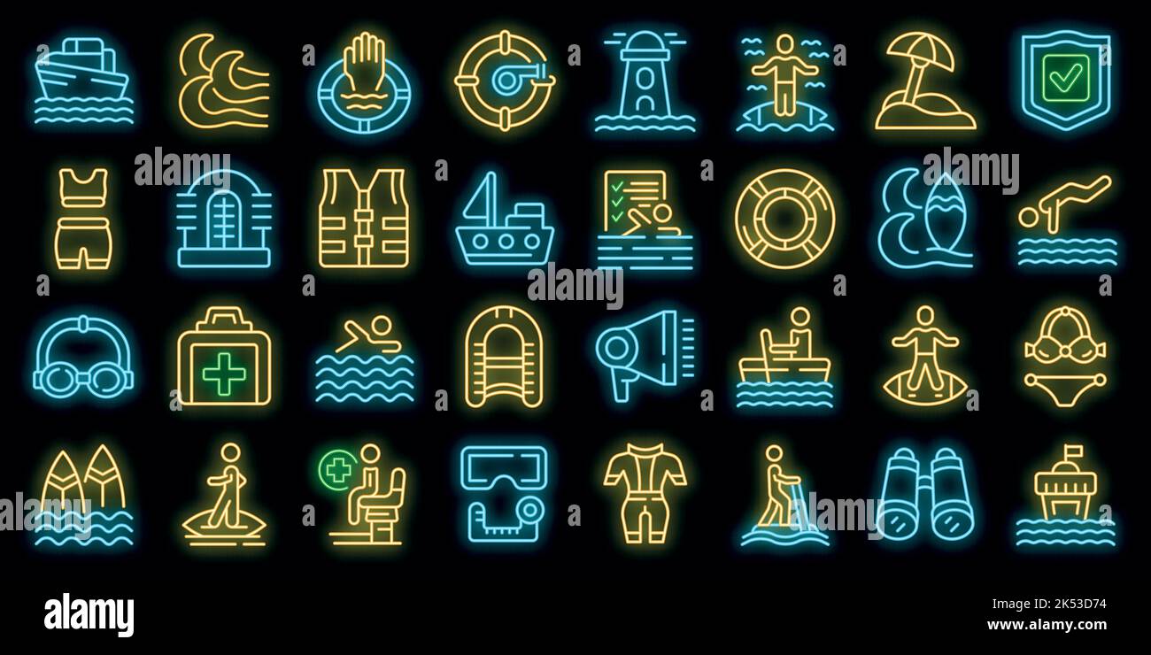 Water safety training icons set outline vector. Beach assistance. Float ...