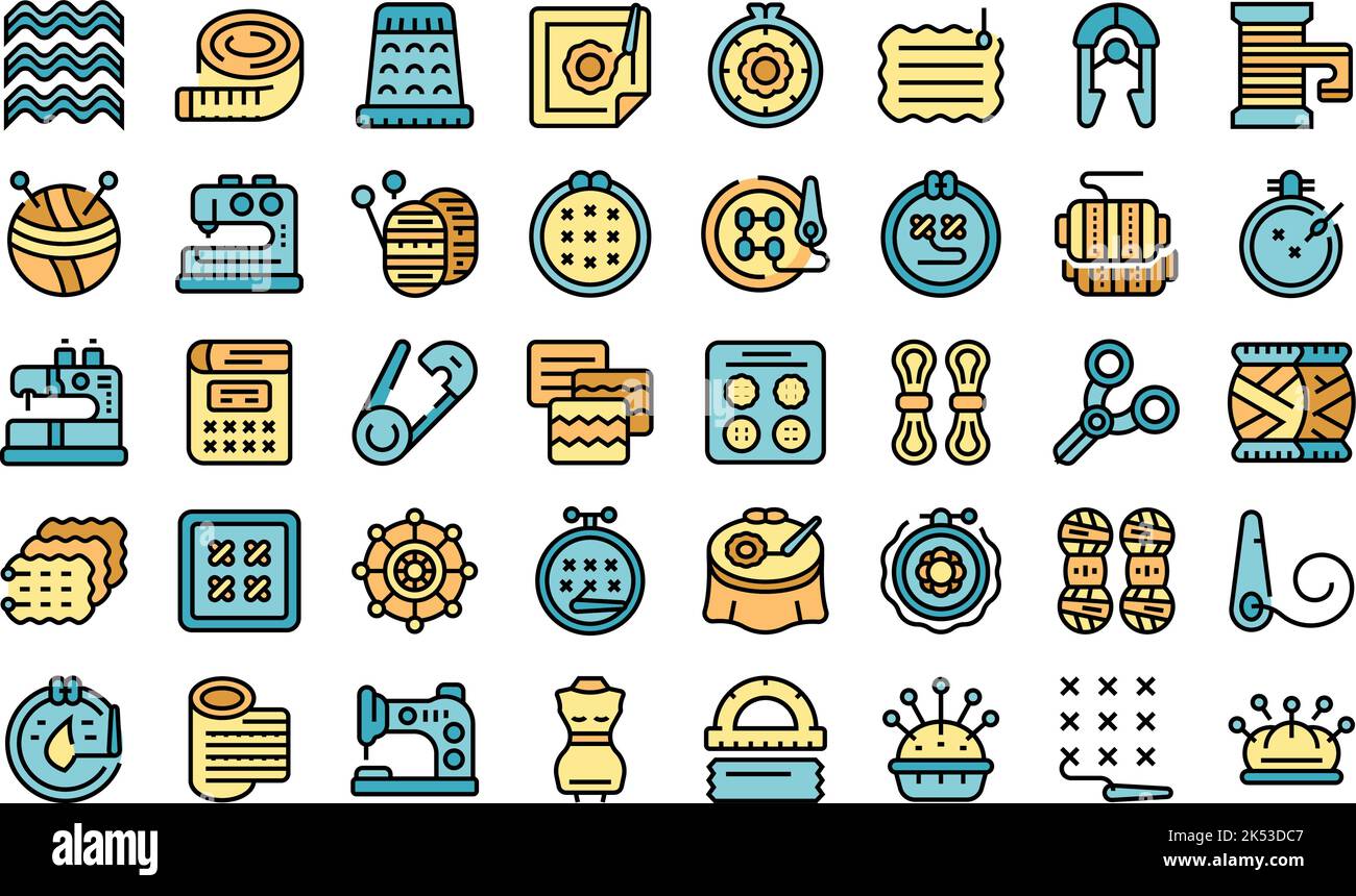 Embroidery class icons set outline vector. Children classroom. Fun ...