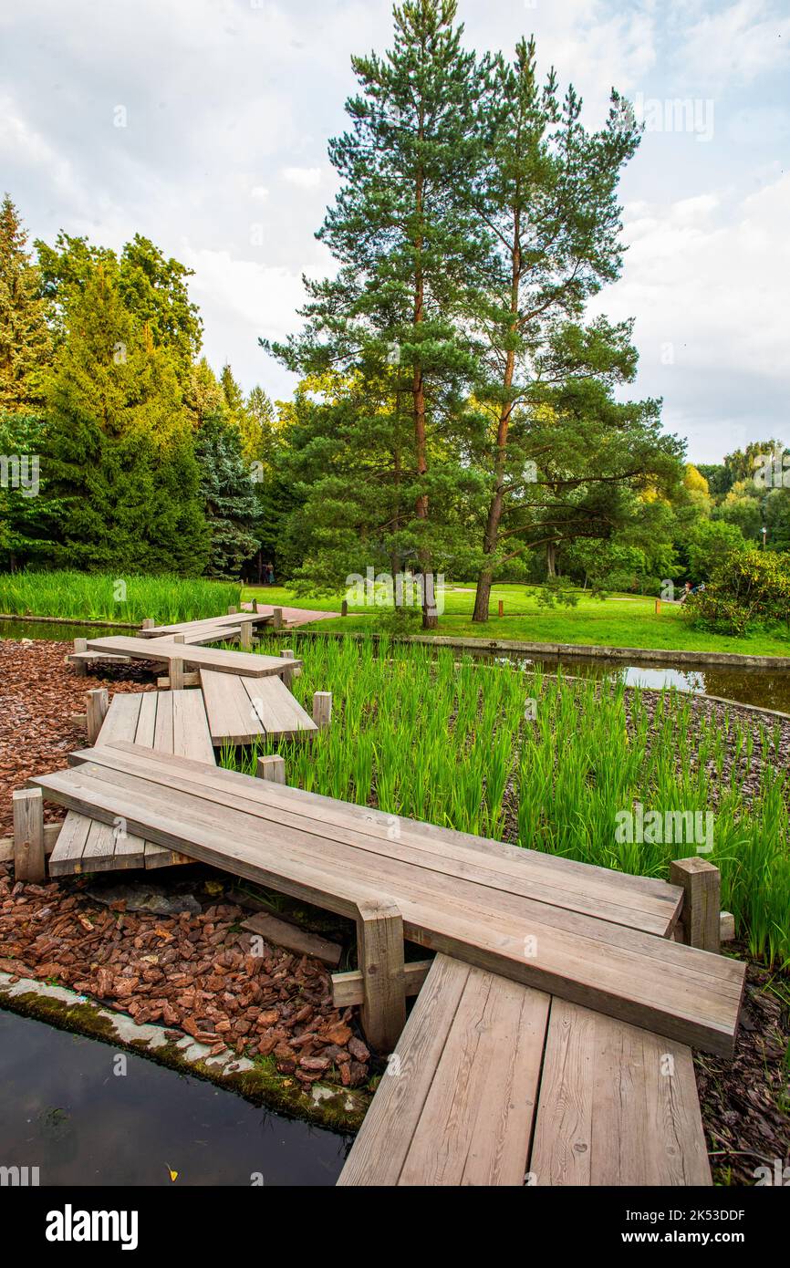 Zigzag wooden bridge (yatsyhaci) in Moscow Japanese garden ( protection ...