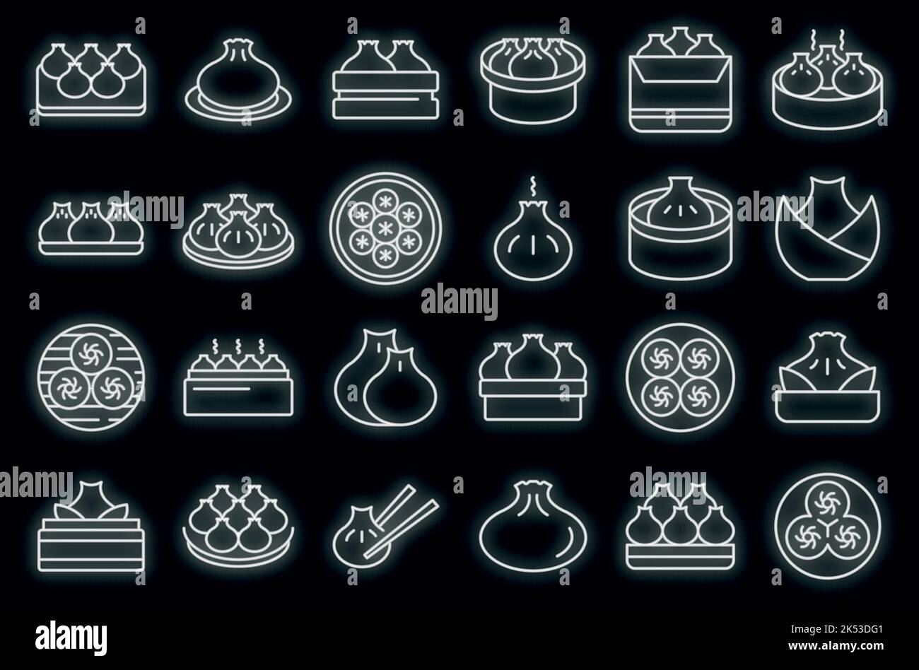 Baozi icons set outline vector. Asia appetizer. Bun china vector neon ...