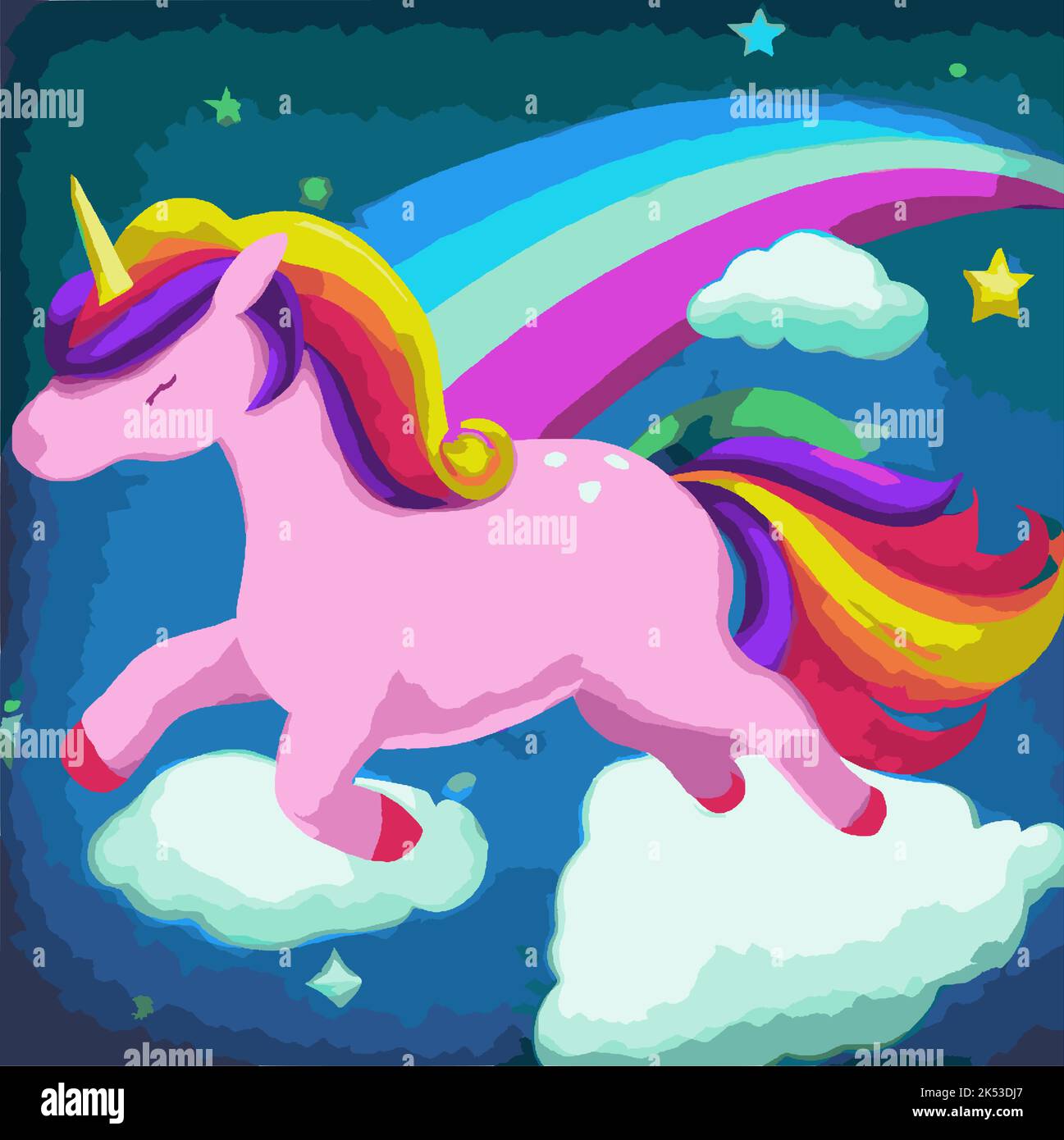 A cute unicorn flying in the sky with a rainbow in the background Stock ...