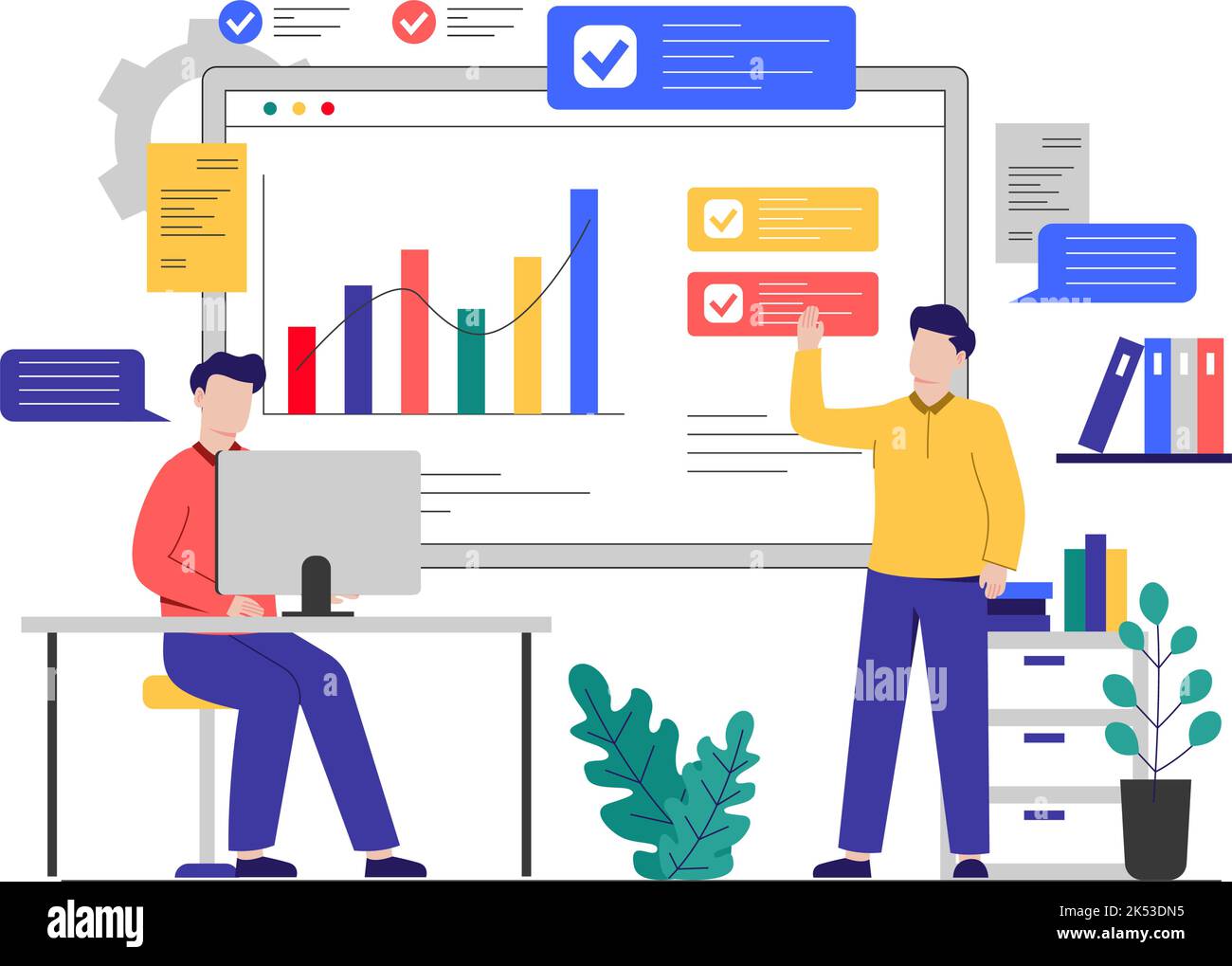 An illustration of project planning, cooperation, and workflow process concept with tiny people ...