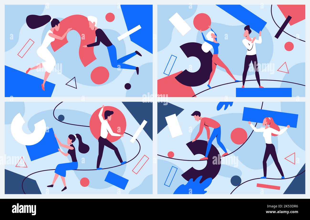 People Organize Chaos Of Abstract Geometric Figures Set Vector