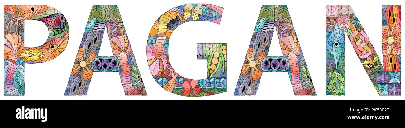 Hand-painted art design. Hand drawn illustration word PAGAN for t-shirt ...
