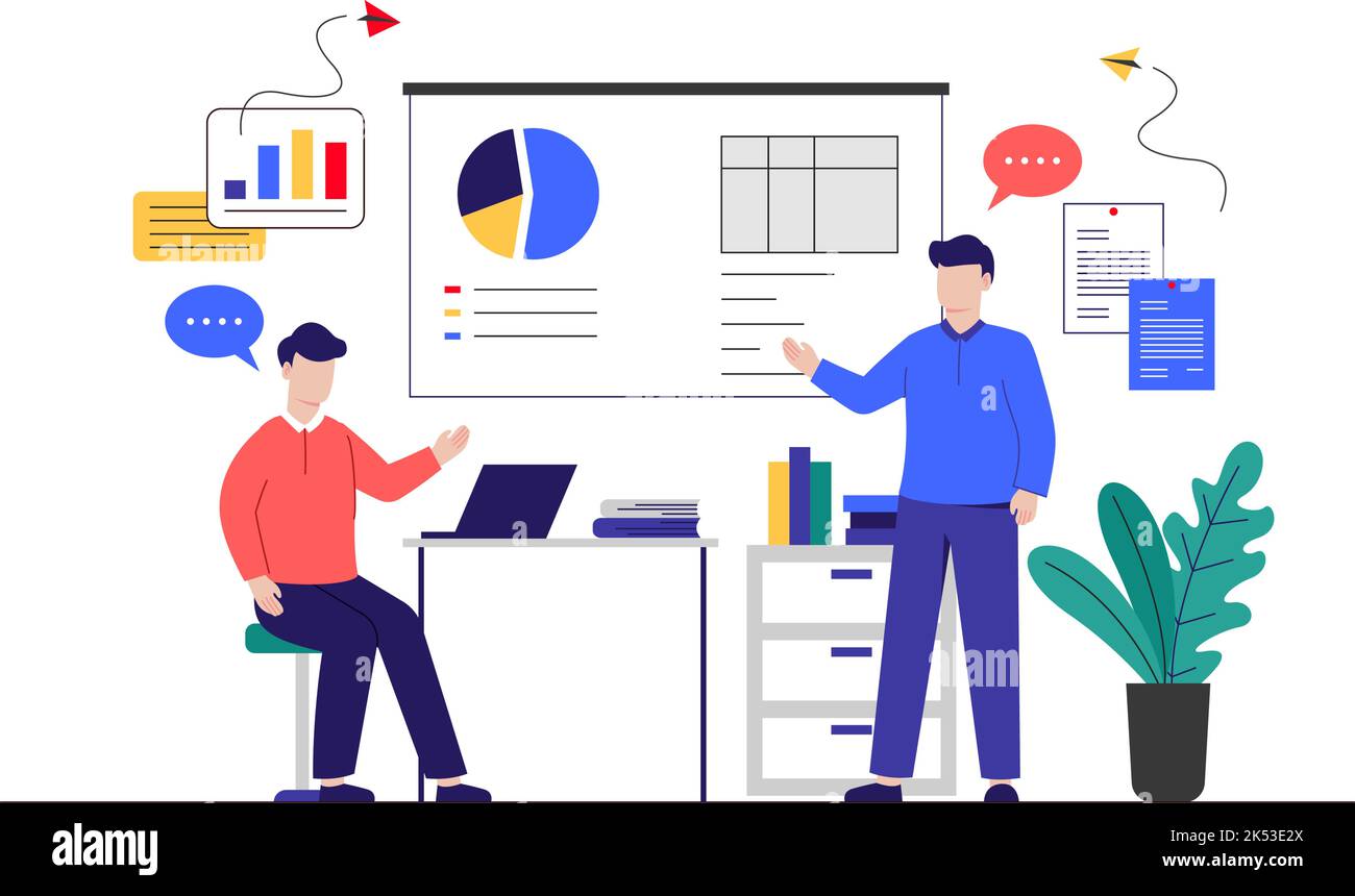 An illustration of project planning, cooperation, and workflow process concept with tiny people ...