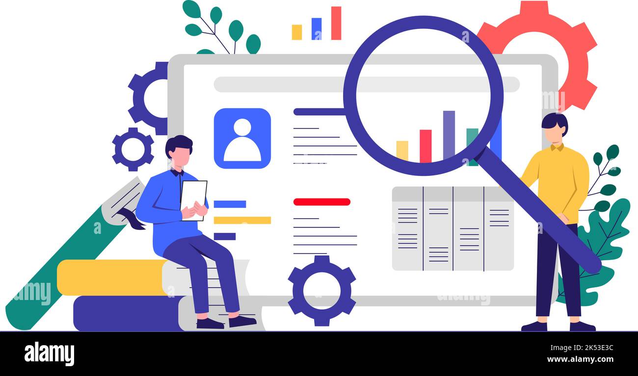 An illustration of project planning, cooperation, and workflow process concept with tiny people ...