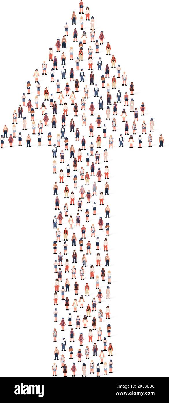 Large group of people silhouette crowded together in arrow up direction ...