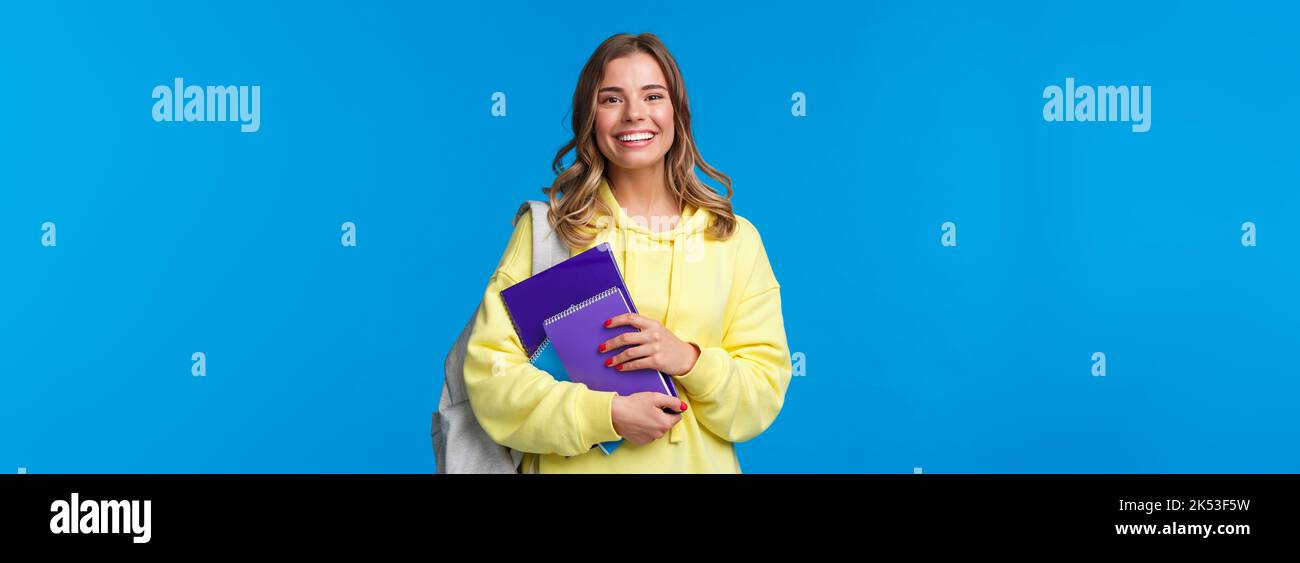Cheerful Pretty Blond Girl Smiling At Camera Carry Backpack And