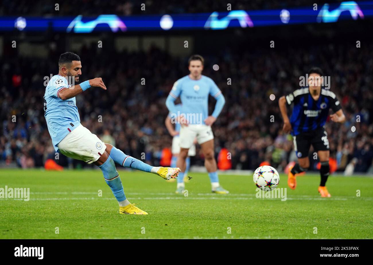 Manchester City's Riyad Mahrez scores the fourth goal from the penalty ...
