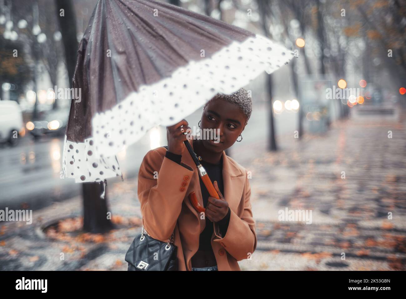 A low-key portrait with a shallow depth of field of a black woman ...