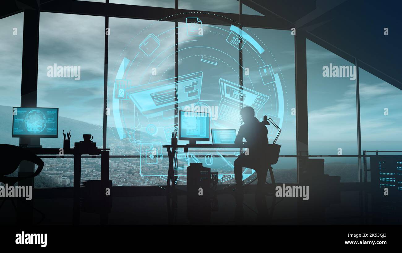 In a modern office with a panoramic window, the silhouette of a web ...