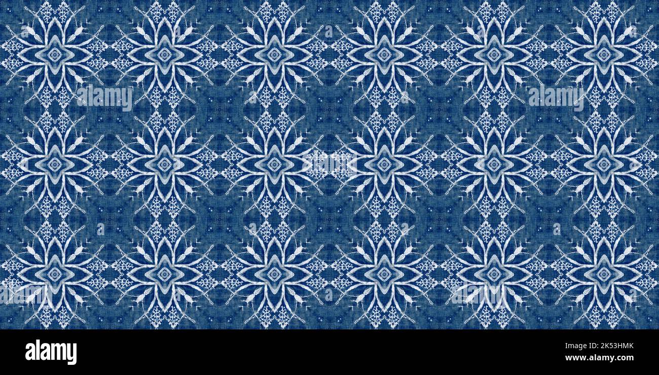Indigo blue snow flake border batik. Frosty batik painterly effect ...