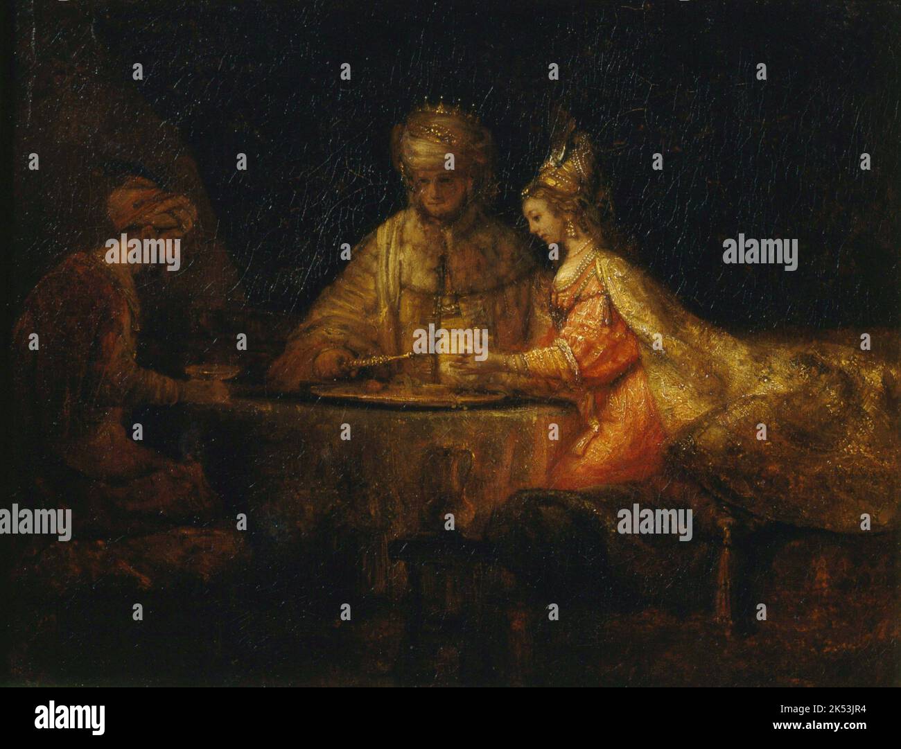 Ahasuerus and Haman at the Feast of Esther, 1660, Painting by Rembrandt ...
