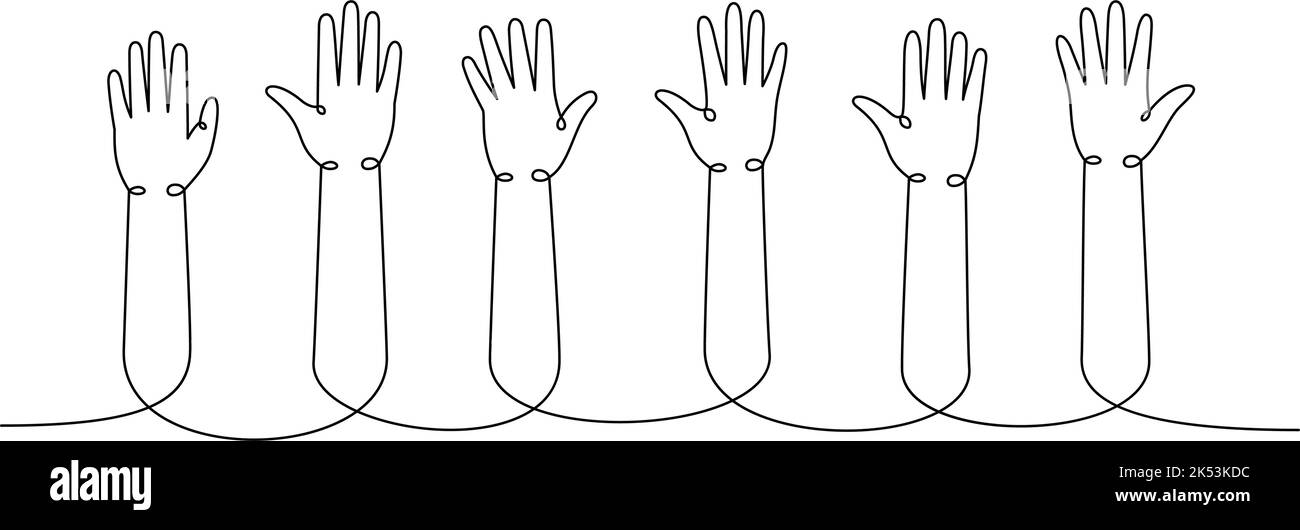 Hands raised up one line continuous drawing. Voting, volunteering ...