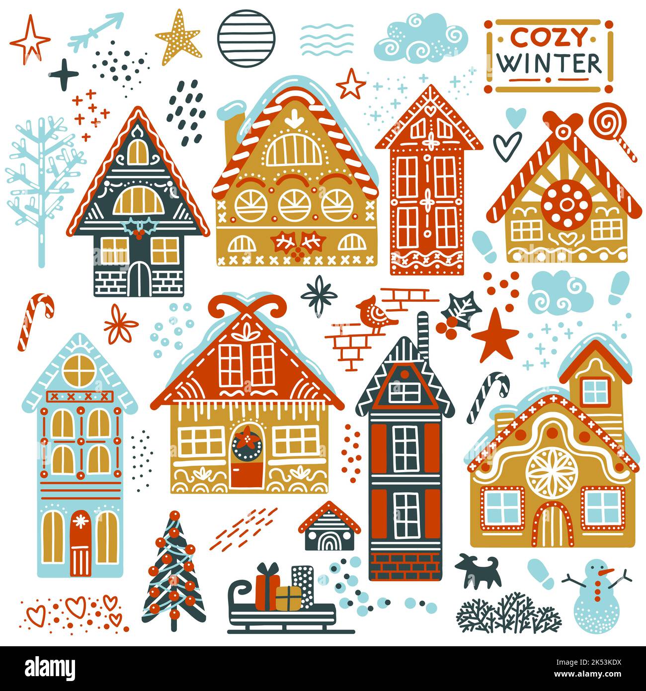 Set of cute isolated gingerbread houses with snowy roofs and christmas ...