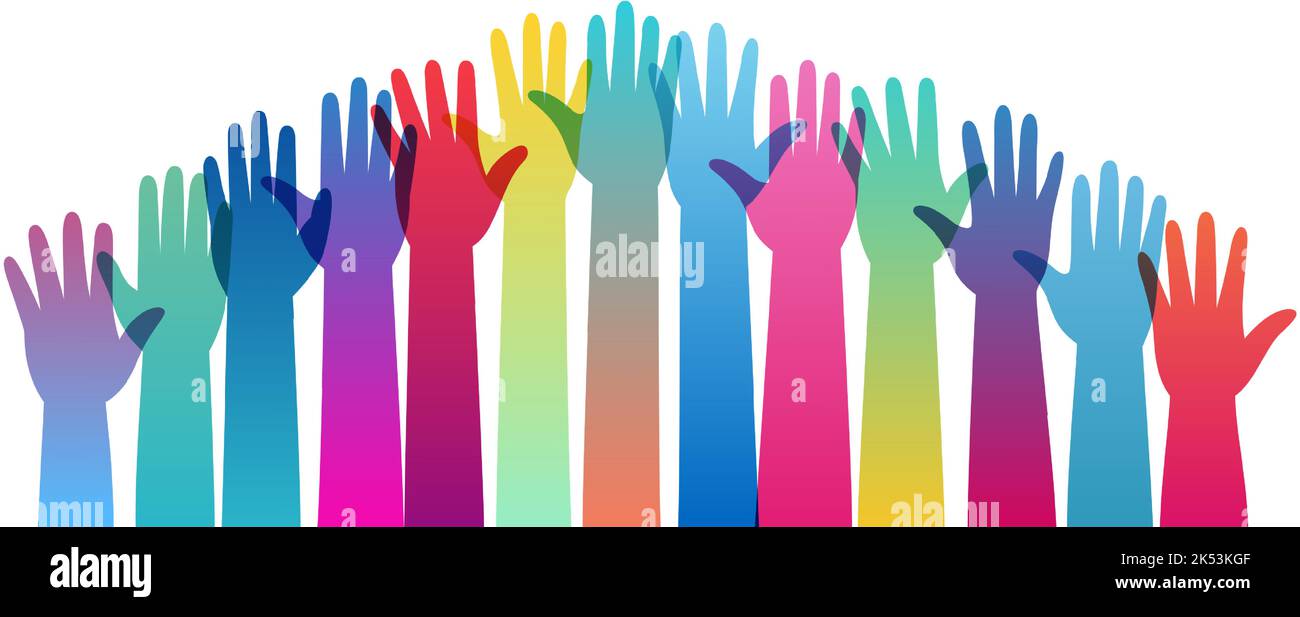 Raised hands. Human arms rising together. International volunteer ...