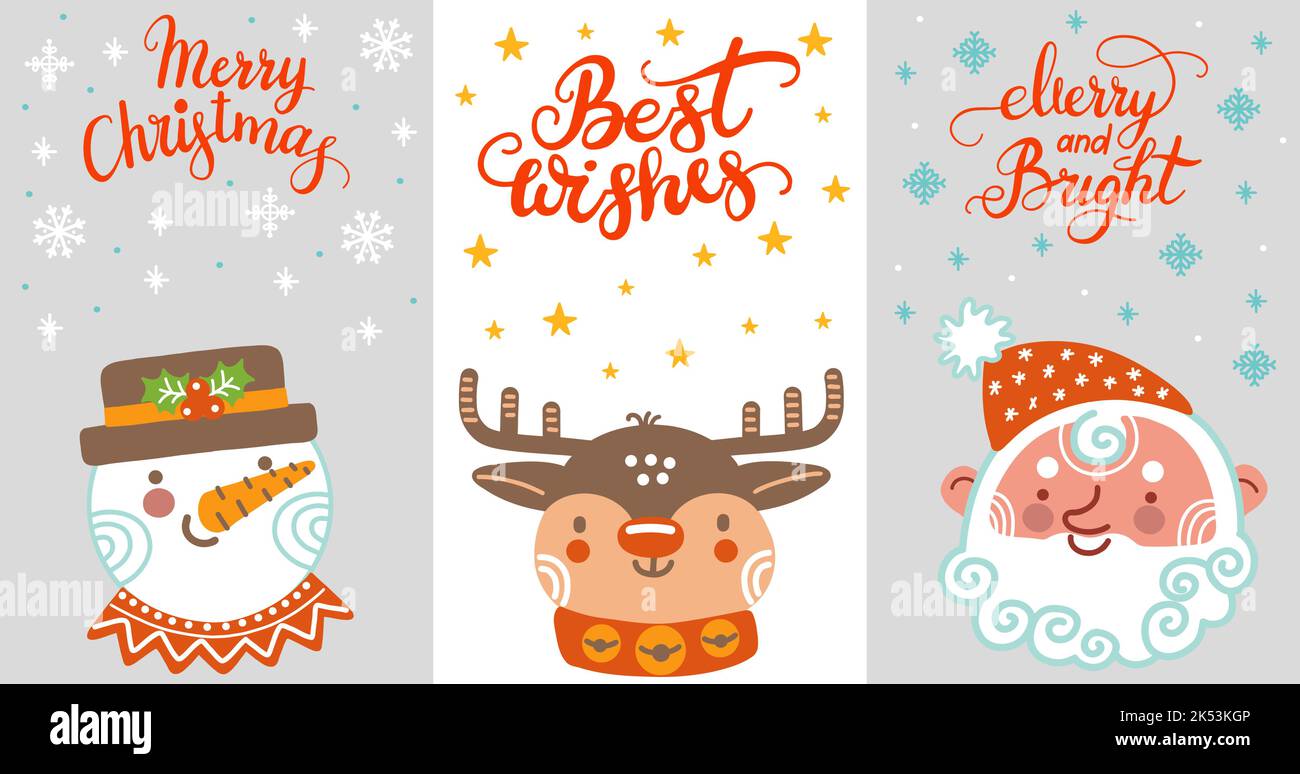 Set of vertical christmas cards with cute snowman, deer and santa claus ...