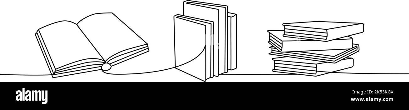 Open and closed books one line continuous drawing. Bookstore, library ...