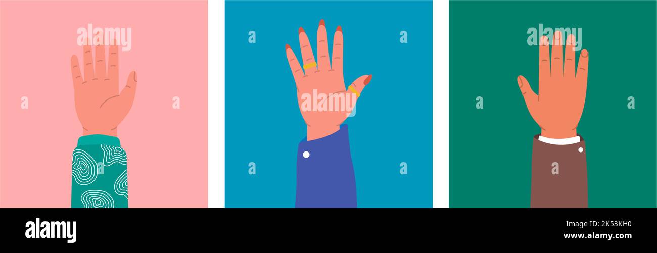 Set of raised hands. Different posters with hands raised up. Vector ...