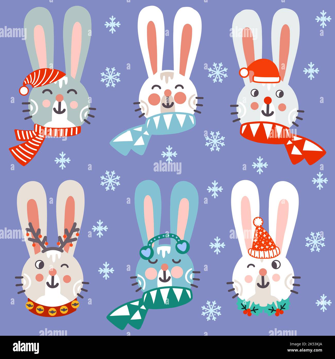 Set of isolated characters. Christmas cute rabbits heads in hats and ...