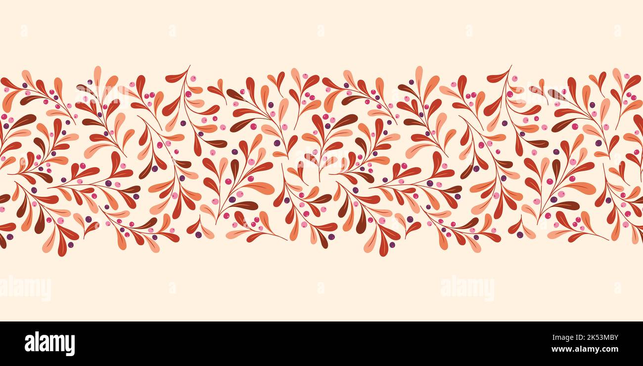 Fall Wild Forest Foliage and Berries Vector Seamless Horizontal Pattern ...