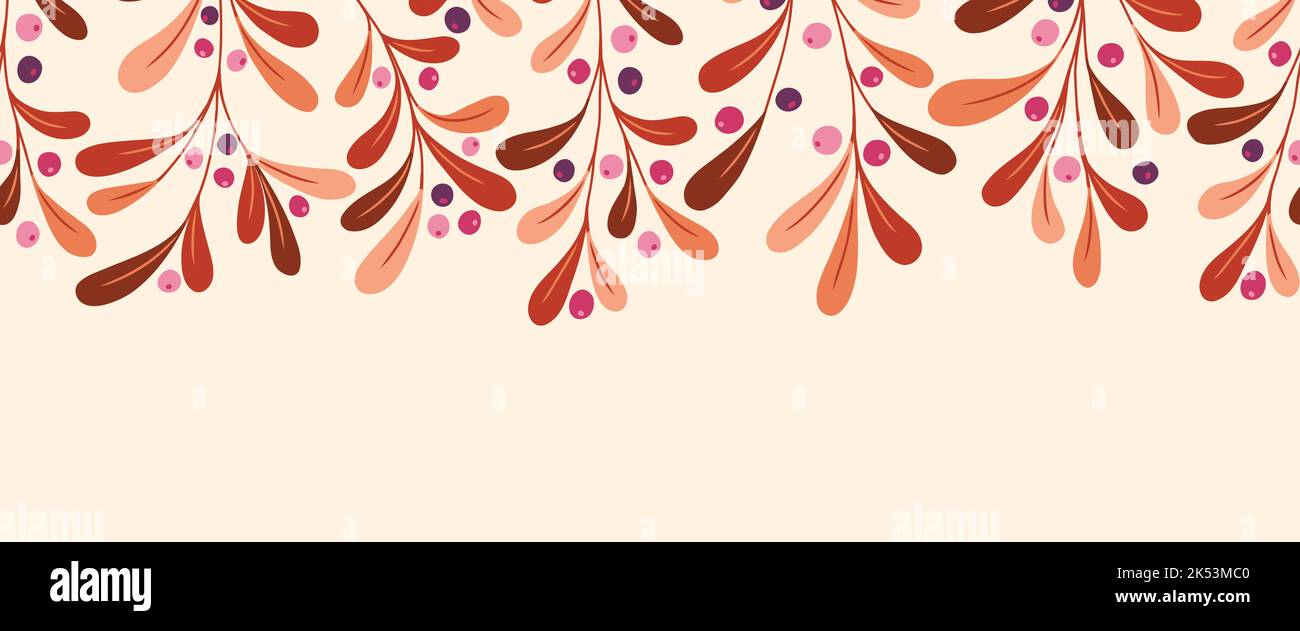 Fall Wild Forest Foliage and Berries Vector Seamless Horizontal Pattern ...