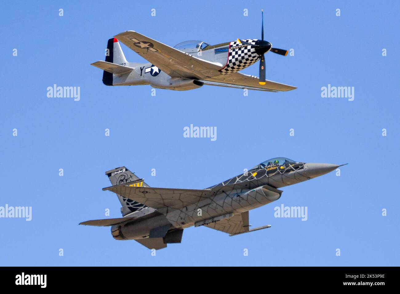 The P-51 Mustang and the F-16 Fighting Falcon fly a heritage flight ...