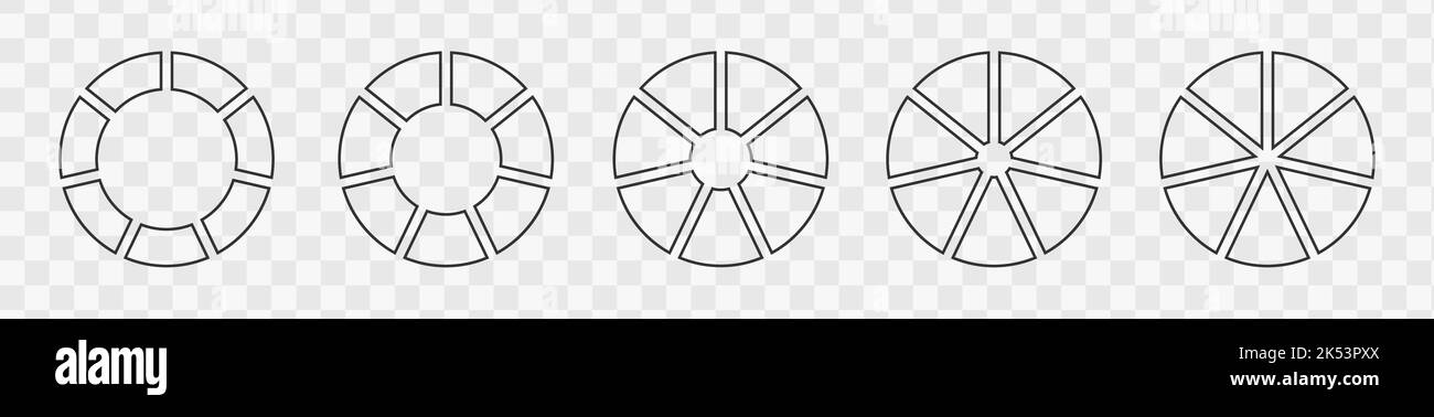 Set of graphic donut or pie charts divided on 7 equal parts ...
