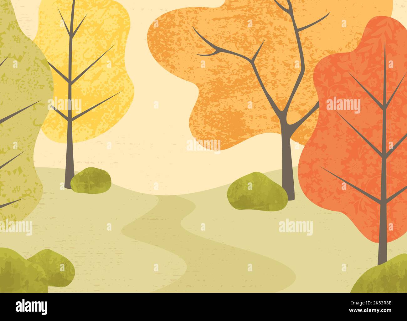 An abstract outdoor scene of autumn trees in a cut paper style with ...