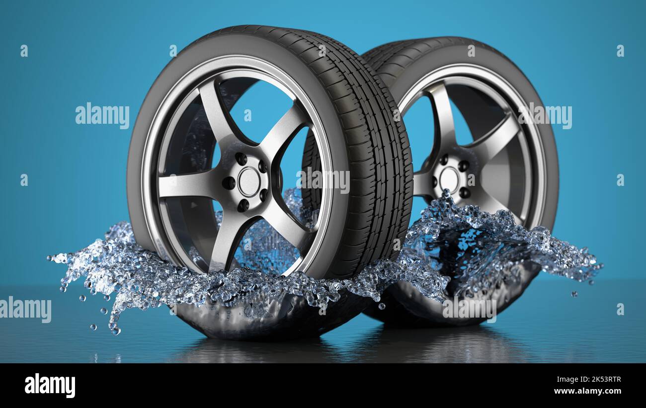 car tires and wheels in water splash on a blue background. 3d rendering ...