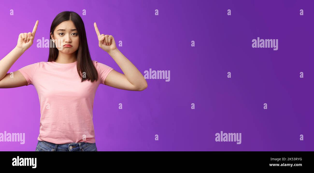 Upset moody sad asian girl look jealous, pouting distressed, pointing ...