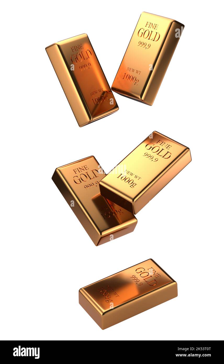 falling gold bars isolated on a white background, 3D rendering, 3d ...