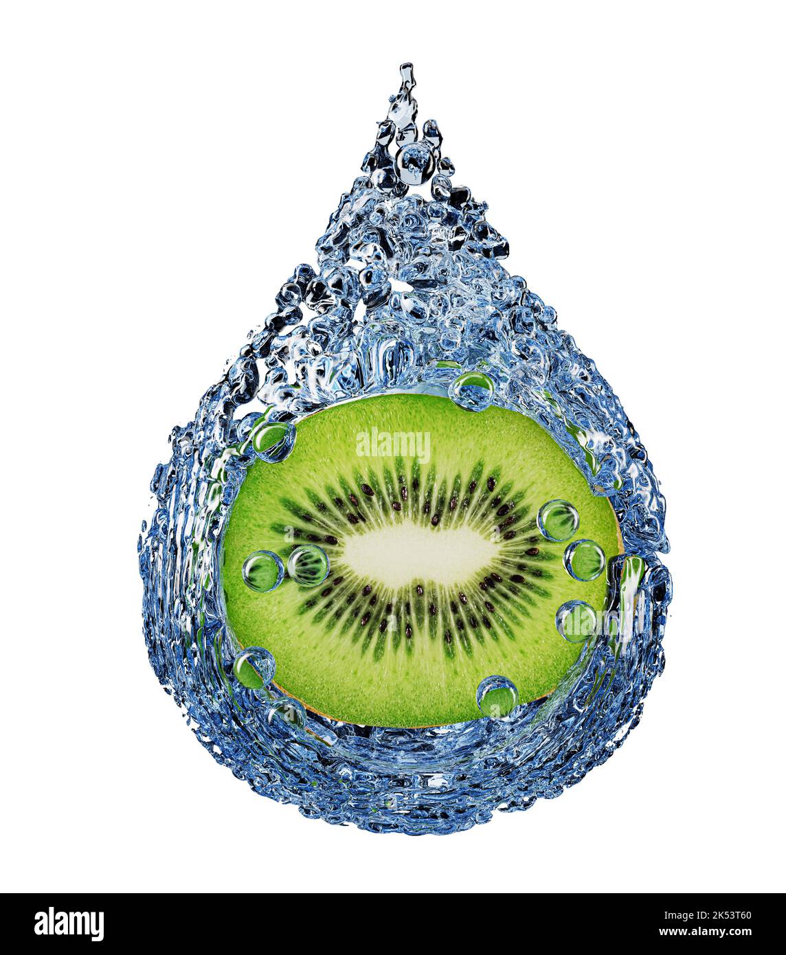 kiwi in water splashing in the shape of drop with clipping path on a ...