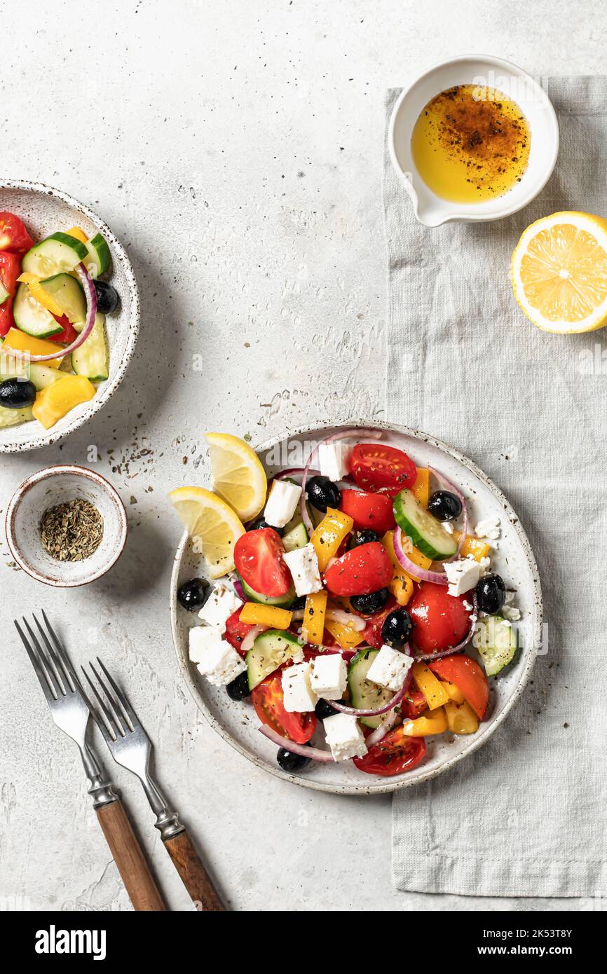Greek salad with feta cheese, tomatoes, red onion, cucumber, pepper ...
