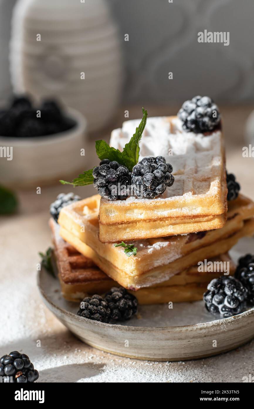 Stack of homemade belgium waffles close up with blackberry and powdered ...