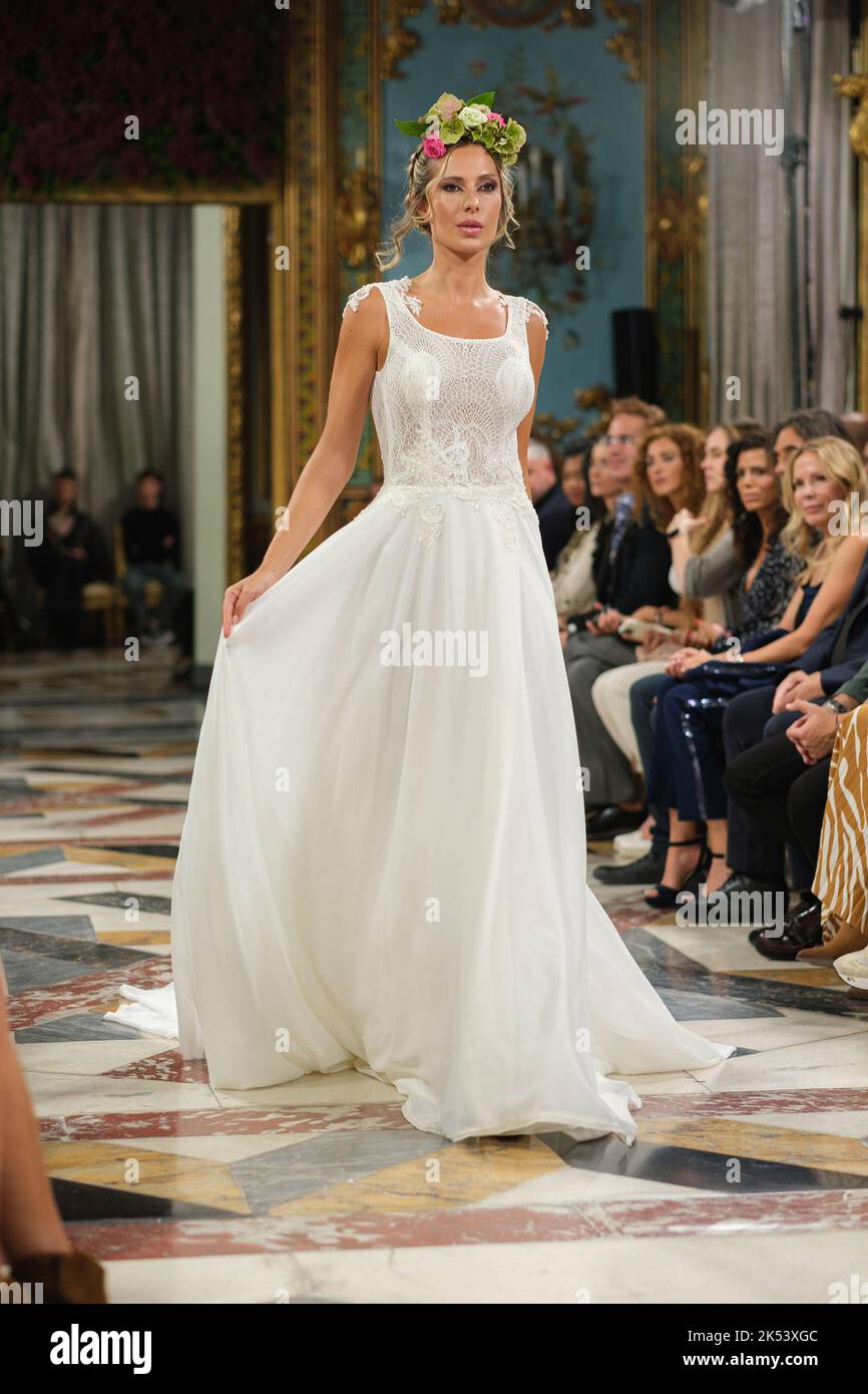 A model showcases a creation by Jordi Dalmau during the Atelier Couture ...