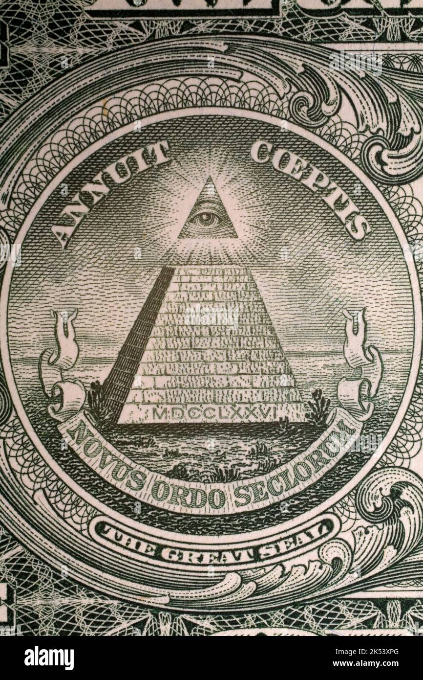 Close-up of details on reverse side of US one dollar bill, Studio ... Close-up of details on reverse side of US one dollar bill, Studio ...