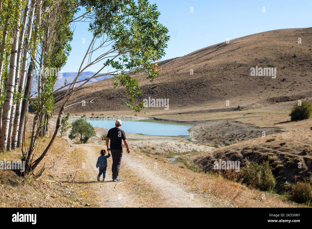 Father and daughter holding hands walking on the path in nature. back ...