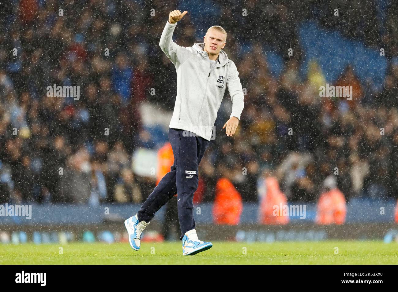 Manchester, UK. 05th Oct, 2022. Erling Haland of Manchester City gives ...