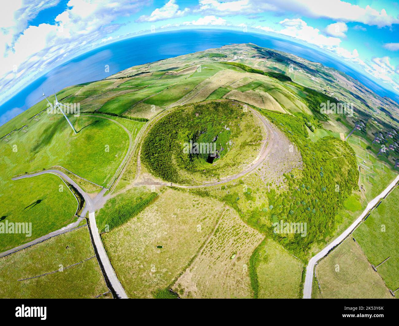 The caldera volcano and windfarm at Serra Branca, Graciosa Island ...